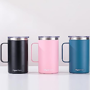 VIGOR PATH Insulated Coffee Mug with Handle and Sliding Lid - Double Wall Vacuum Stainless Steel Mug for Travel, Office, and Daily Use - 24oz (Dark Blue)