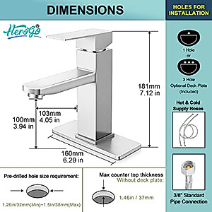 Herogo Brushed Nickel Bathroom Faucet, Stainless Steel Bathroom Sink Faucets with Brass Pop-up Sink Drain Stopper & Deck Plate 1 or 3 Hole, Single Handle RV Lavatory Faucet with 2 Water Hoses