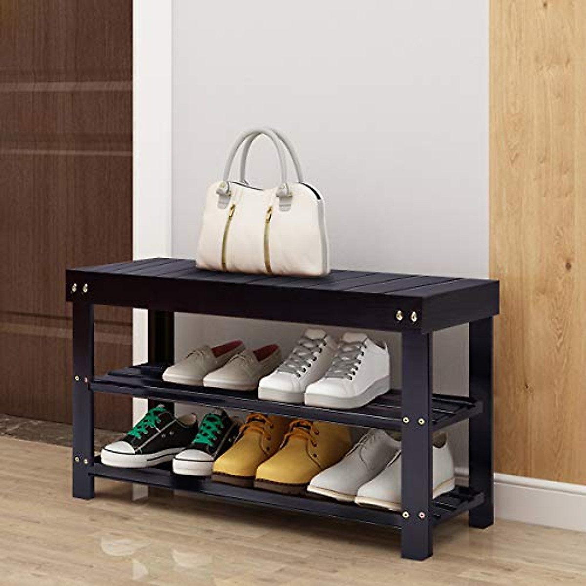 GOFLAME Shoe Bench Rack, 2-tier Bamboo Seat Storage Shelf, Free Standing Shoe Storage Bench with Stylish and Modern Design, Shoe Organizer for Décor Entryway, Hallway, Living Room, Bathroom (Black)