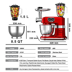 Stand Mixer, 8.5QT 8 in 1 Multifunctional Kitchen Electric Mixer with Dough Hook, Whisk, Beater,Meat Grinder, Blender, Pasta attachment, 5-Speed with LED Key (Red)