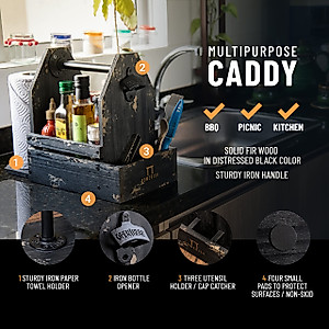 BOWERISH Distressed Wood BBQ Caddy with Paper Towel Holder and Three Utensil Holder - Ideal Organizer for Picnic Condiment and Outdoor Grill Accessories - Sturdy Iron Handle and Classic Bottle Opener