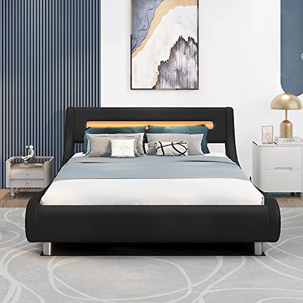 RUNWON Modern LED Upholstered Full Size Platform Bed Frame with Headboard and Underneath Storage Space - Stylish and Functional for Kids and Adults Bedroom