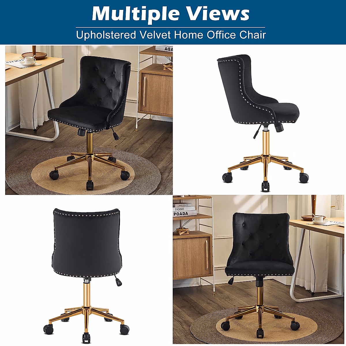 VINGLI Black Velvet Armless Home Office Desk Chair with Gold Base/Wheels, Small Cute Vanity/Makeup Chair with Back for Bedroom, Upholstered Adjustable Rolling Swivel Nail Chair for Women/Girls