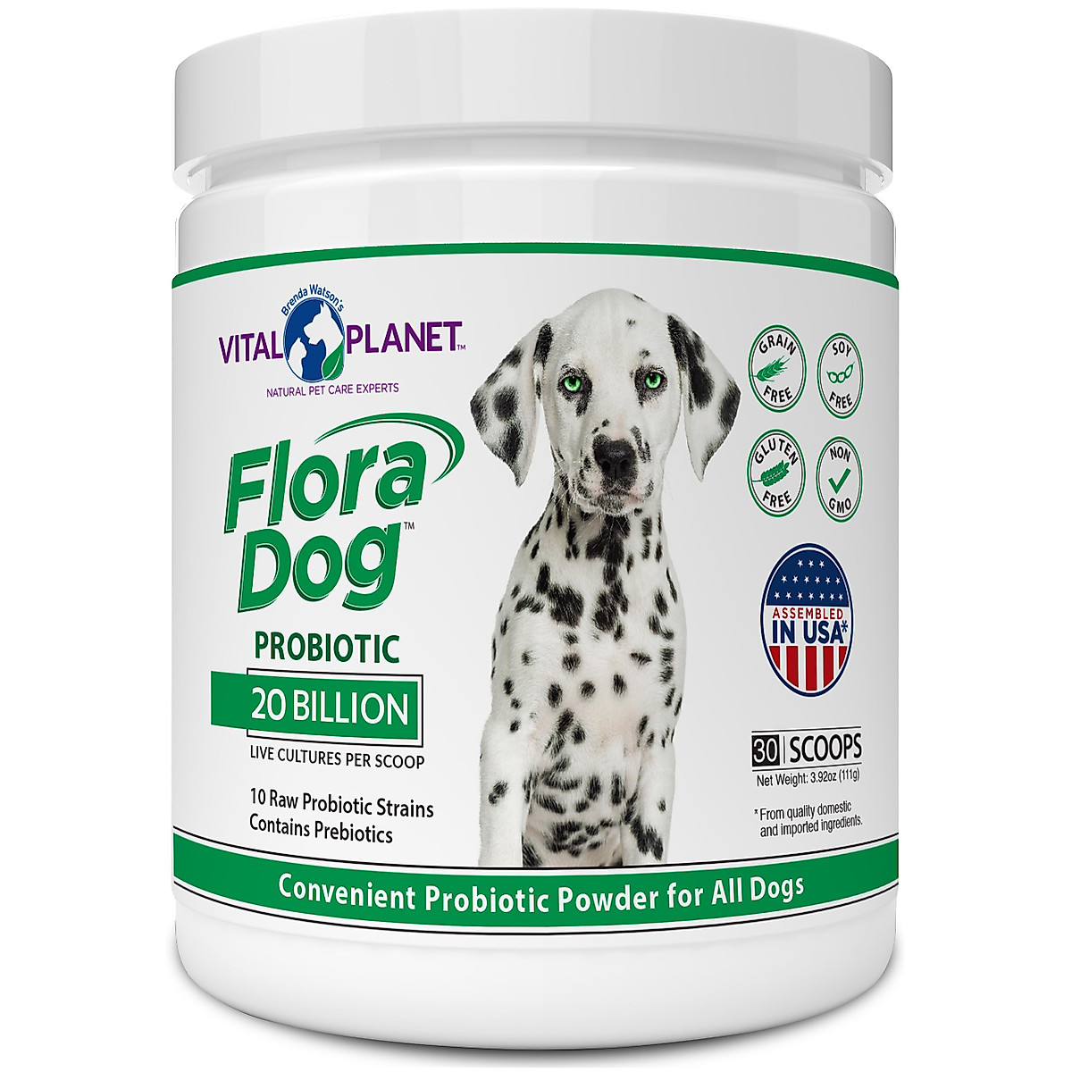 Vital Planet - Flora Dog Probiotic Powder Supplement with 20 Billion Cultures and 10 Strains, High Potency Immune and Digestive Support Probiotics for Dogs, 3.92 oz., 111 Grams, 30 Servings