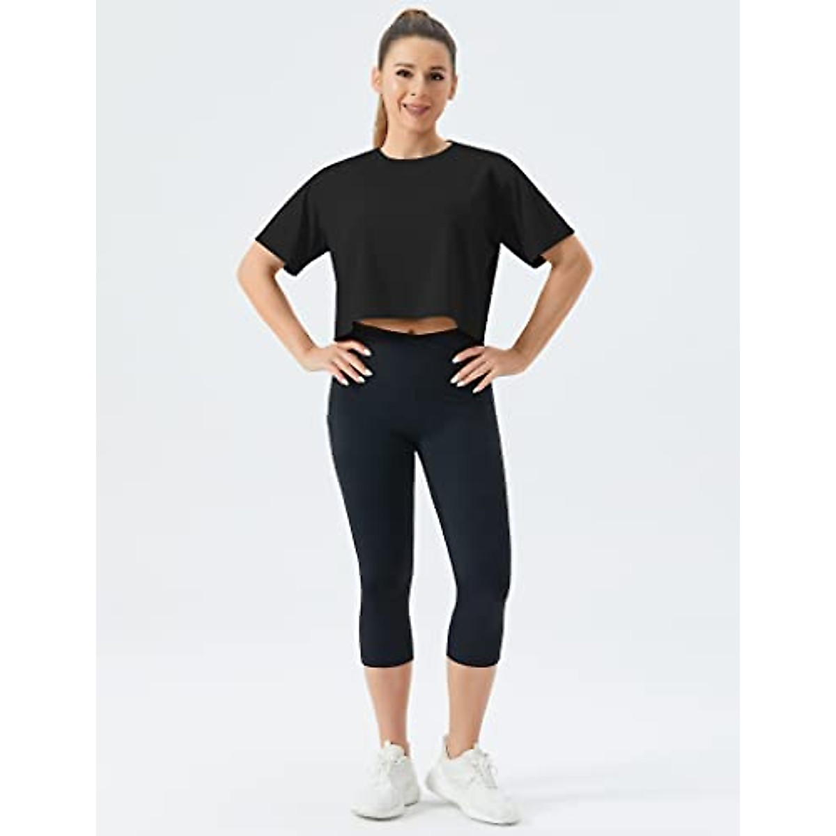 THE GYM PEOPLE Women's Workout Crop Top T-Shirt Short Sleeve Boxy Yoga Running Cropped Basic Tee Black