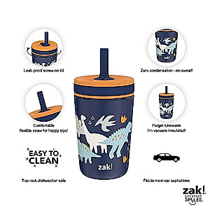 Zak Designs Kelso Toddler Cups For Travel or At Home, 12oz Vacuum Insulated Stainless Steel Sippy Cup With Leak-Proof Design is Perfect For Kids (Zaksaurus)