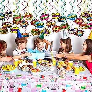 Superhero Hanging Swirls 30 Pack Hero Action Sign Foil Ceiling Hanging Swirls Streams Banner Decorations Garland for Kids Cartoon Superhero Baby Shower Celebrating Events Birthday Party Supplies Room Wall Decor