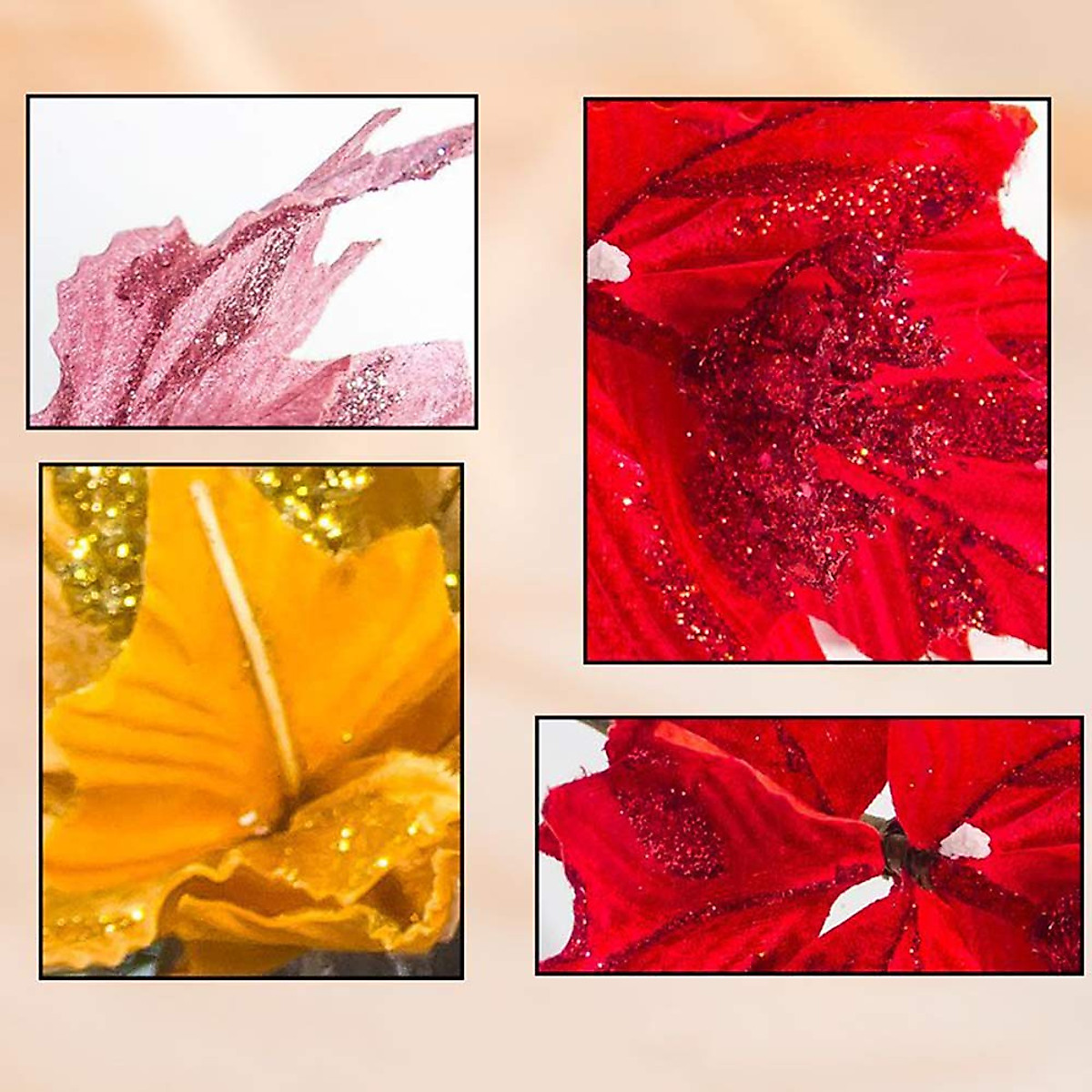 RSTYS Artificial Christmas Flowers, 6Pcs Artificial Glitter Poinsettia Floral Silk Fake Poinsettia Floral Christmas Tree Decoration for Porch Garden Christmas Tree Festival Home Decor, Pink, Medium