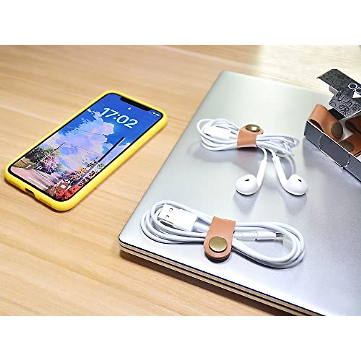 CAILLU Cord Organizer,Cord Keeper,Cable Organizer USB Holder,Cable Management,Cable Straps,Earbud case,wrap Headphone,Headset Winder,Phone Earphone Clips Ties,Tiny Leather Gifts Gadget 5