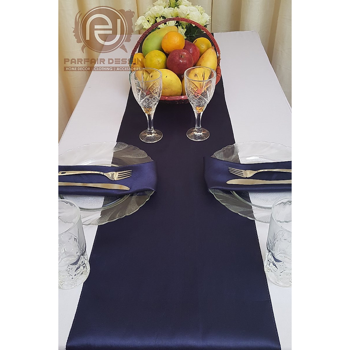 Parfair Dessin Pack of 10 Satin Table Runners 12 x 108 inch for Wedding Banquet Reception Party Decoration, Bright Silk and Smooth Fabric Party Table Runner - Navy Blue