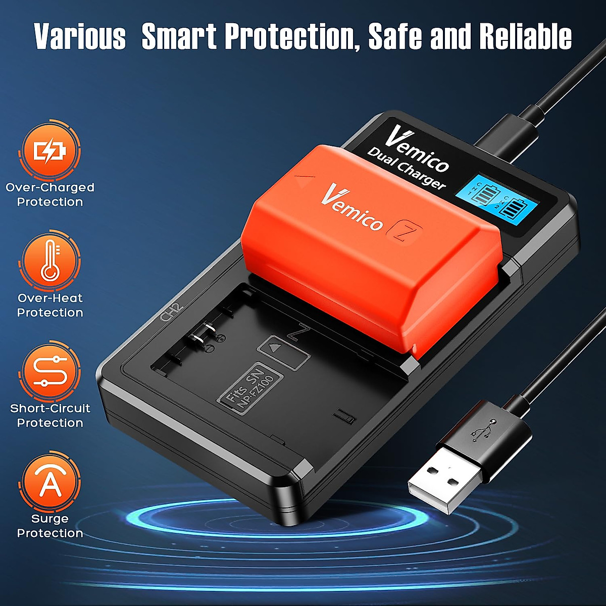 Vemico NP-FZ100 Battery Charger Set Z-Series 2 X 2280mAh Replacement Batteries with LCD Type-C Charger for Alpha A6600/A7III/A7R III/FX3/A1/A7 RIII/A7S III/A7C/A9/A9S/A9R/A7IV/A7R4 etc.