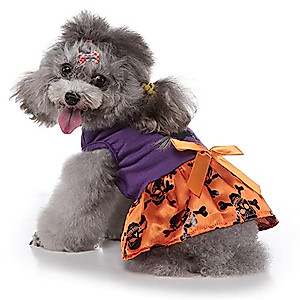 Filhome Halloween Dog Dress, Wizard Skeleton Puppy Clothes Dog Cat Bowknot Princess Skirt Costume, Girl Dog Apparel Outfits(Wizard,M)