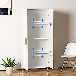 NOVAMAISON White Storage Cabinet 69” Tall - Storage Cabinet w/ 2 Doors and Adjustable Shelves, Freestanding Kitchen Pantry w/Gold Handles and Legs, Wooden Wardrobe Cabinet for Bedroom, Laundry