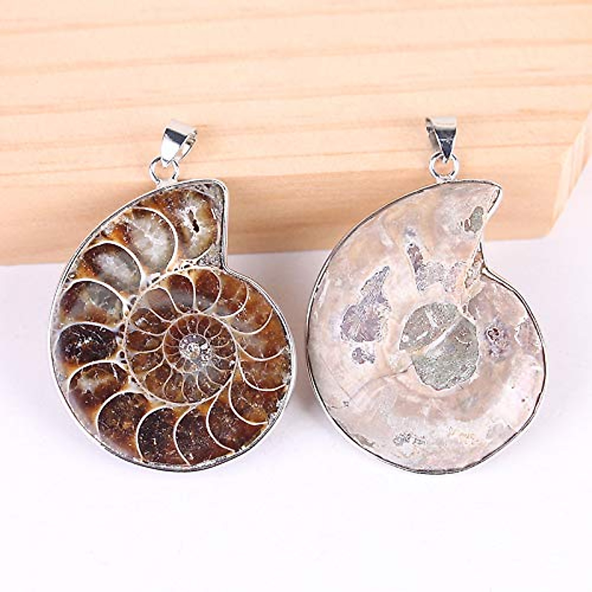 CXD-GEM Spiral Natural Ammonite Shell Fossil Pendant with Sliver Wrapped Handmade Edge for Women Jewelry Gift