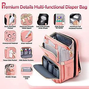 Gimars 5 in 1 Diaper Bag Backpack, Waterproof Diaper Bags for Travel with Insulated Milk Bottle Pocket, Large Capacity and Stroller Straps, Pink