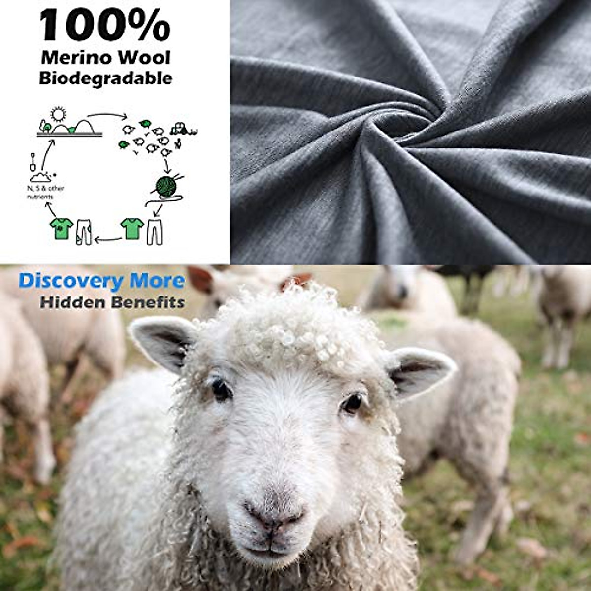 Merino Protect 100% Merino Wool Base Layer Mens Long Sleeve T-Shirt Thermal Underwear Odor Resistance for Hiking Hunting Gray