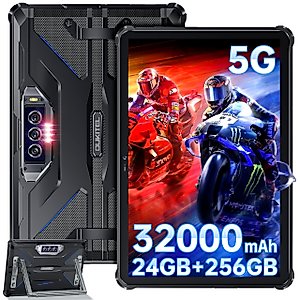 OUKITEL RT7 5G Rugged Tablet Android 13, 32000mAh Battery 24GB+256GB - Waterproof Tablet, 10.1" FHD+Tablets 33W Fast Charging,48MP+32MP+20MP Night Vision Camera,5G Dual SIM+5G WiFi/OTG/GPS/T-Mobile
