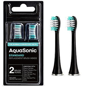 AquaSonic Standard Replacement Brush Heads | for Normal & Sensitive Teeth | Compatible with Many AquaSonic Toothbrush Handles (2 Pack Black)