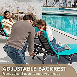 Devoko Patio Chaise Lounge Sets Outdoor Rattan Adjustable Back 3 Pieces Cushioned Patio Folding Chaise Lounge with Folding Table (Blue)