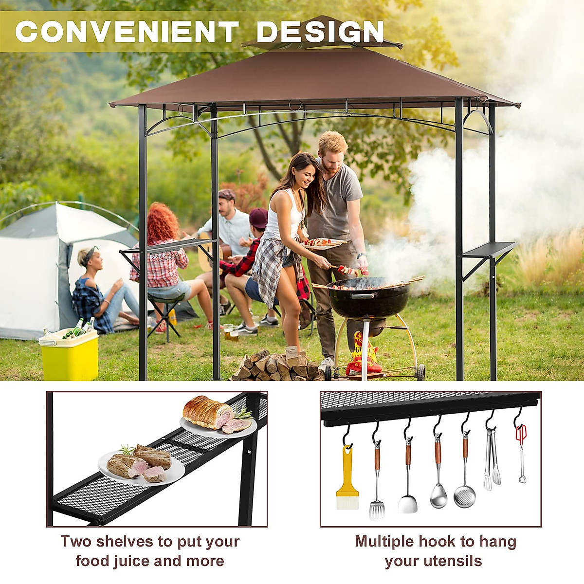 Gazebo Canopy Tent 8'x 5' with Air Vent Tent for BBQ Outdoor Patio Grill Gazebo, Party Patios Large Garden Commercial Use Backyard Events Etc, Easy to Assemble, Elegant Design, Good Stability, Brown