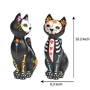Newman House Studio Sugar-Skull Halloween-Decorations - Day-of Dead-Figurines Floral Cats Couple-Decor Dia de Los Muertos Black Kitten Collectibles Set of 2, 6.3L x 4.0W x 10.2H inch