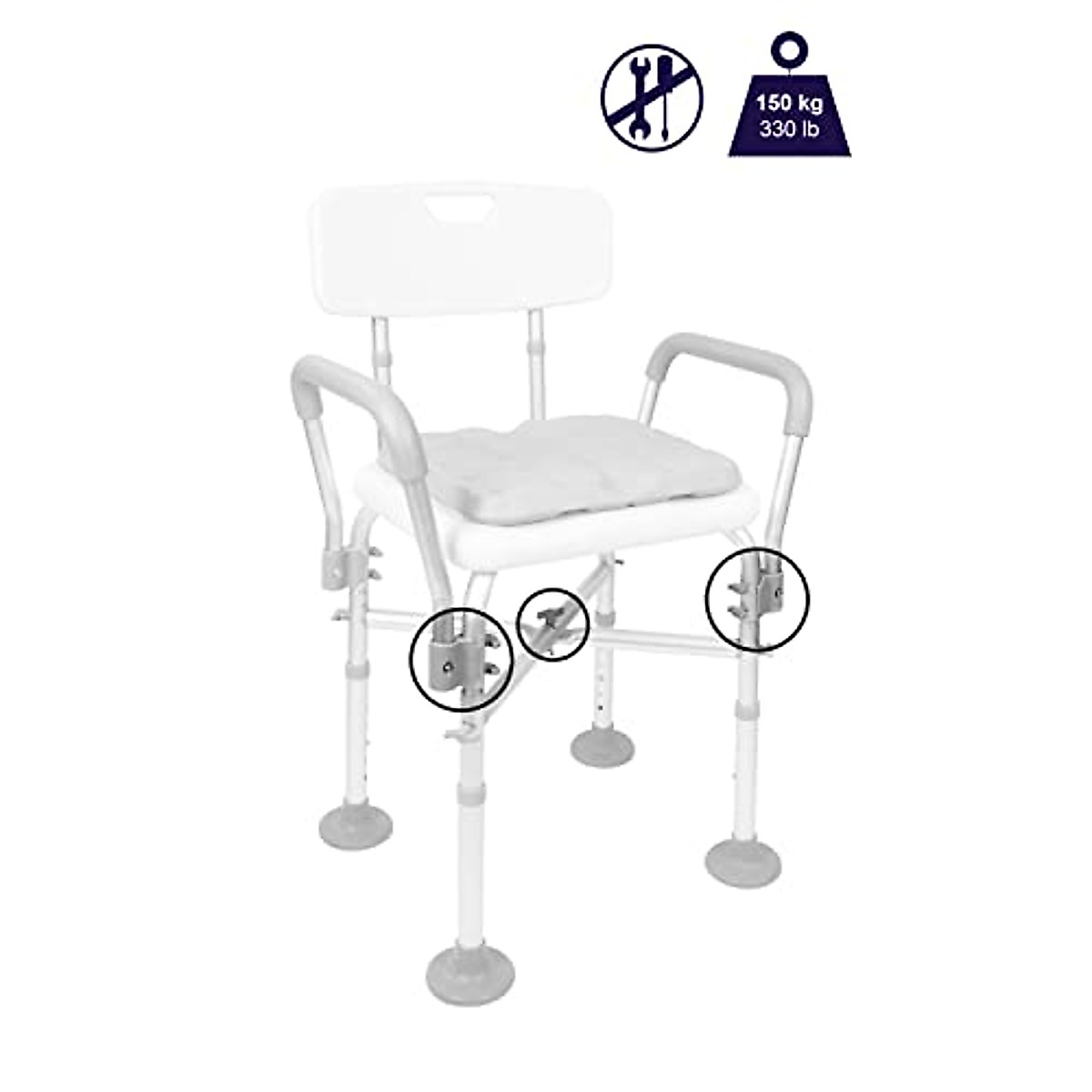 KMINA - Padded Shower Chair with Arms and Back (330 lbs) with Double Reinforced Crossbar and Cushion, Heavy Duty Shower Seat for Adults, Shower Chair for Inside Shower White - Made in Europe