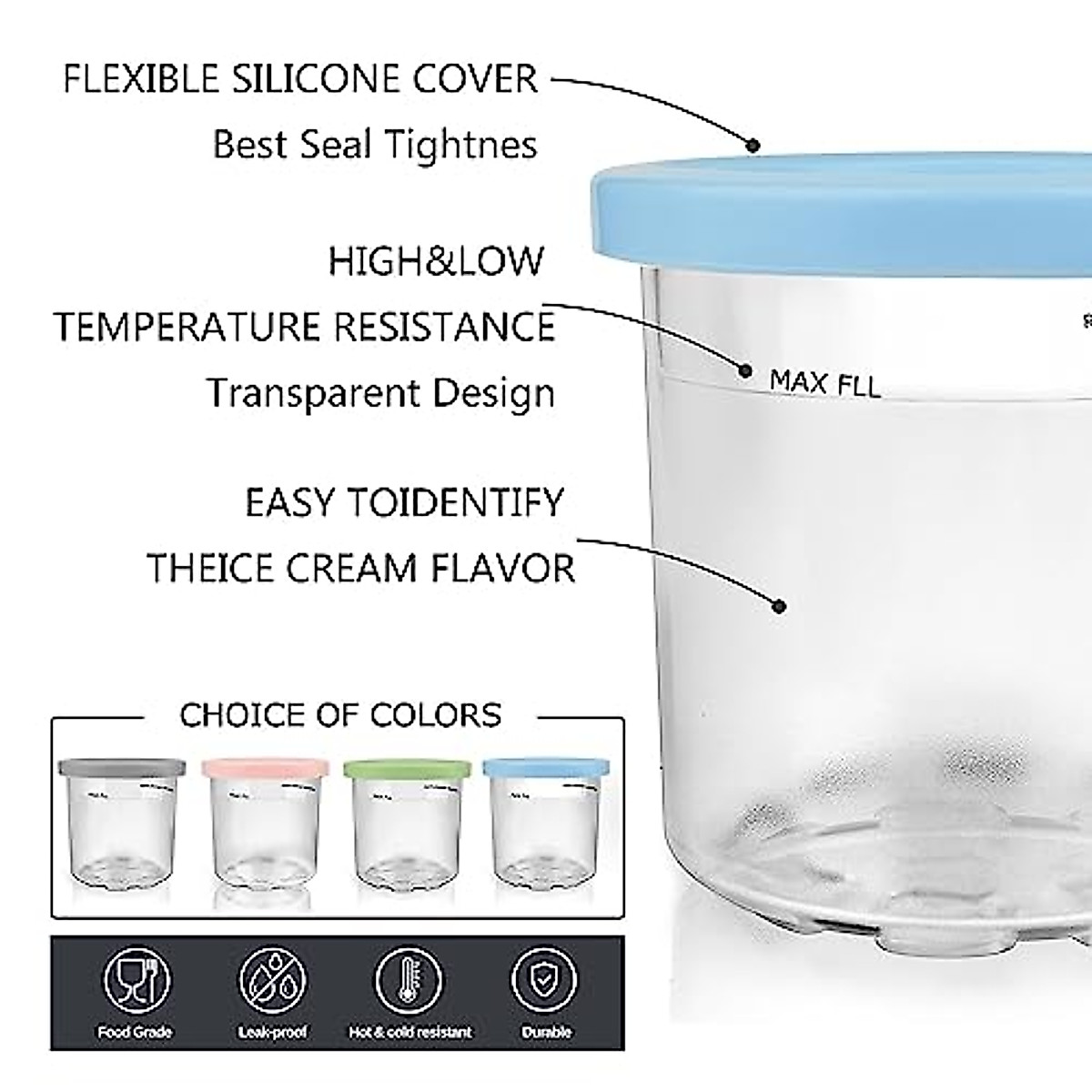 BBAUER Ice Cream Pints Containers 4 Pack for Ninja Creami Pint Containers,Compatible with NC301 NC300 NC299AMZ Series Ice Cream Maker,16oz Cup,with 4 PC Spoons,Gray/Blue/Pink/Green Lids