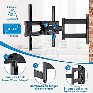 Pipishell Full Motion TV Wall Mount, Heavy Duty Single Articulating Arms TV Bracket for Most 26-60 Inch Flat Curved TVs, Up to VESA 400x400mm and 77lbs, Support Swivel, Tilt, Level Adjustment