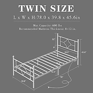 CollaredEagle Twin Size Bed Frame with Headboard and Footboard, Classic Metal Platform Bed Frame with Charging Station and LED Lights, Heavy Duty Slat Support Metal Bed Frame, No Noise, White