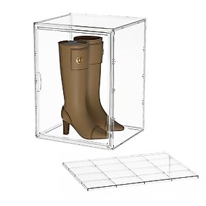 Attelite XX-Large Clear Stackable Plastic Storage Bins, 1 Pack Boot Shoe Box Organizers with an Adjustable Divider, Big Display Storage Box with Lids
