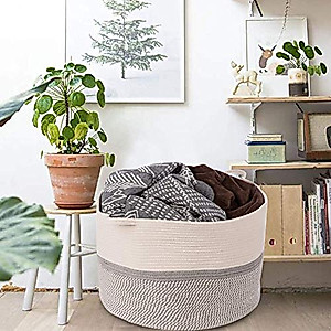 CHICVITA XXL Extra Large Grey Cotton Rope Woven Basket & Grey Small Square Cotton Rope Basket