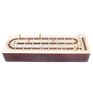 House of Cribbage Continuous Cribbage Board Alphabet e Shape Inlaid in Maple and Bloodwood with Storage Drawer for pegs and Cards - 3 Tracks