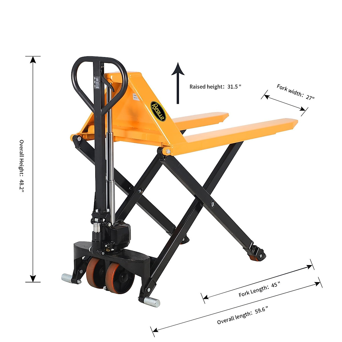 APOLLO High Lift Pallet Jack Manual Scissor Lifting Truck 31.5" Lifting Height 45''Lx27''W Fork Size 2200lbs Capacity Only for Open-Bottom Pallets