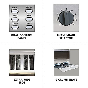 Kenmore 4-Slice Toaster, White Stainless Steel, Dual Controls, Extra Wide Slots, Bagel and Defrost Functions, 9 Browning Levels, Removable Crumb Trays, for Bread, Toast, Muffin, Toaster Strudel…