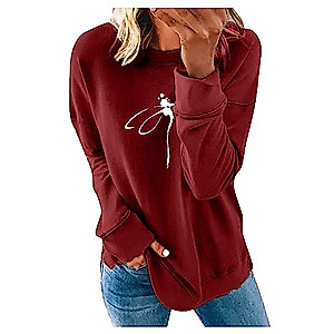 ZDRZK today 2023 clearance sweatshirt for women Women Fall Fashion Sweatshirts Dressy Casual Dragonfly Print Tunic Shirts Long Sleeve Crewneck Pullover Blouse Red S