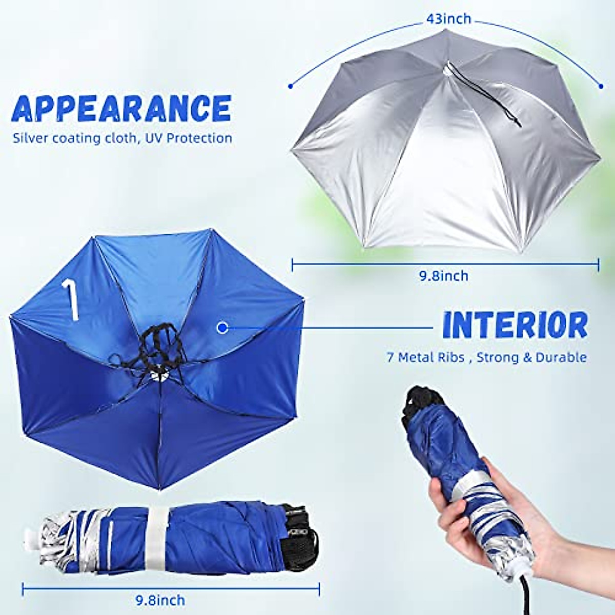 Sanwuta 5 Pcs Fishing Umbrella Hat 37 Inches Large Head Umbrella Folding Hands Free Umbrella Adjustable Elastic Wearable Umbrella for Fishing Camping Gardening Outdoor Golf