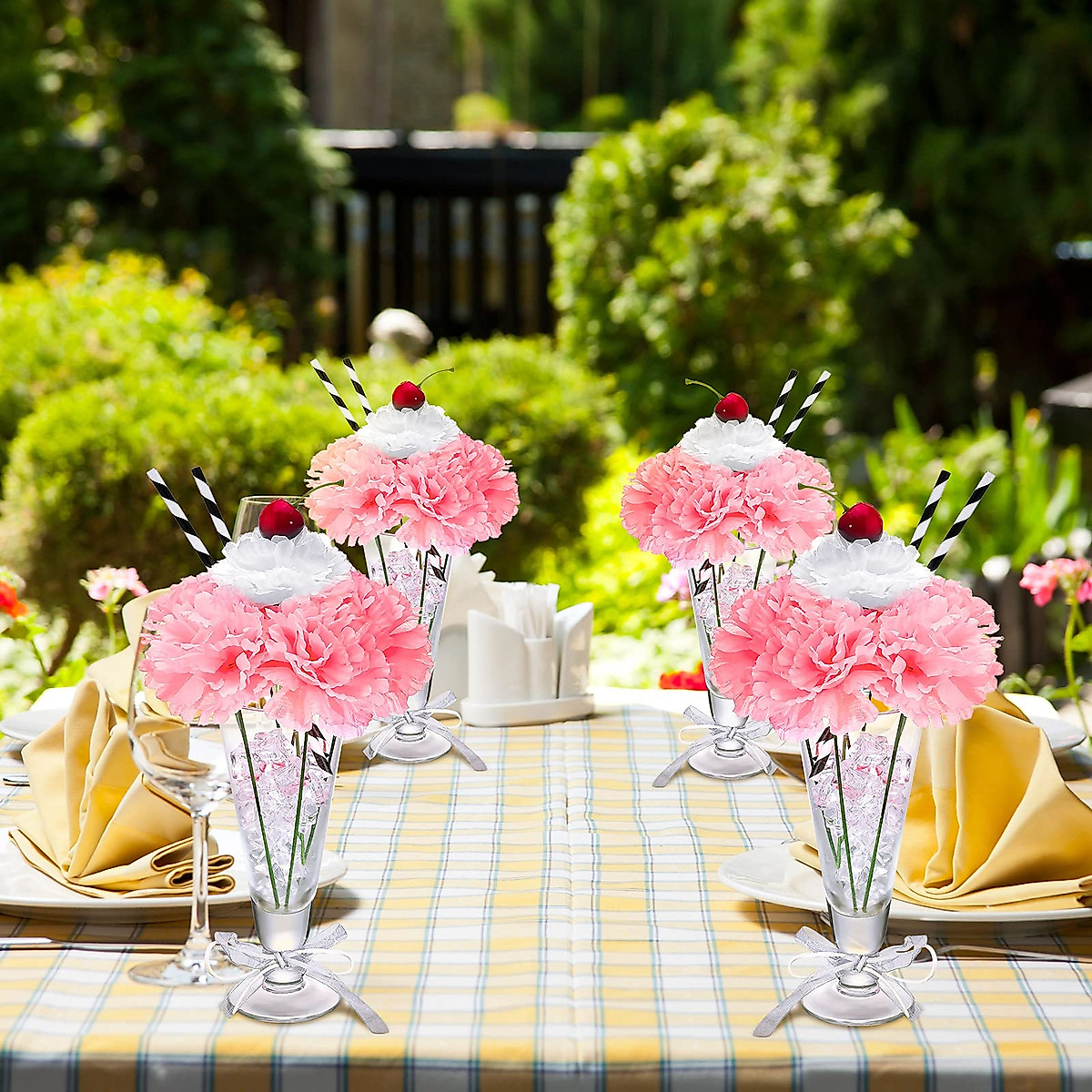 50's Soda Shop Party Decor, Artificial Silk Carnation Picks Set Include White Pink Carnation Flowers and Lifelike Cherries with Paper Straws for DIY Rock and Roll, Containor Wasn't Included (116 Pcs)