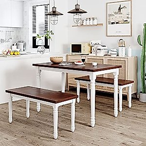Harper & Bright Designs 3-Piece Retro Farmhouse Dining Set, Wood Kitchen Dining Table Set with 2 Benches, Cherry+White