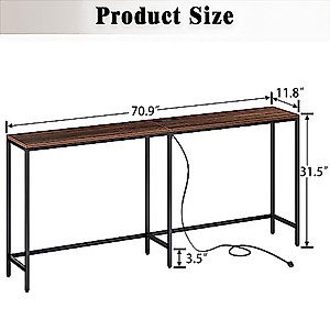 Rufokisa Console Table with Power Outlet, 70.9" Narrow Sofa Table, Skinny Sofa Hallway Table, Industrial Entryway Table with USB Ports, Behind Couch Table for Foyer, Living Room, Hallway, Bedroom