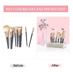 Vevitts Acrylic Makeup Brush Holder, Clear Cosmetic Brush Storage Box 3 Brush Holders, Makeup Brush Case with Dust Cover, Large-Capacity Split Design for Organize the Vanity Desk (No pearl and brush)