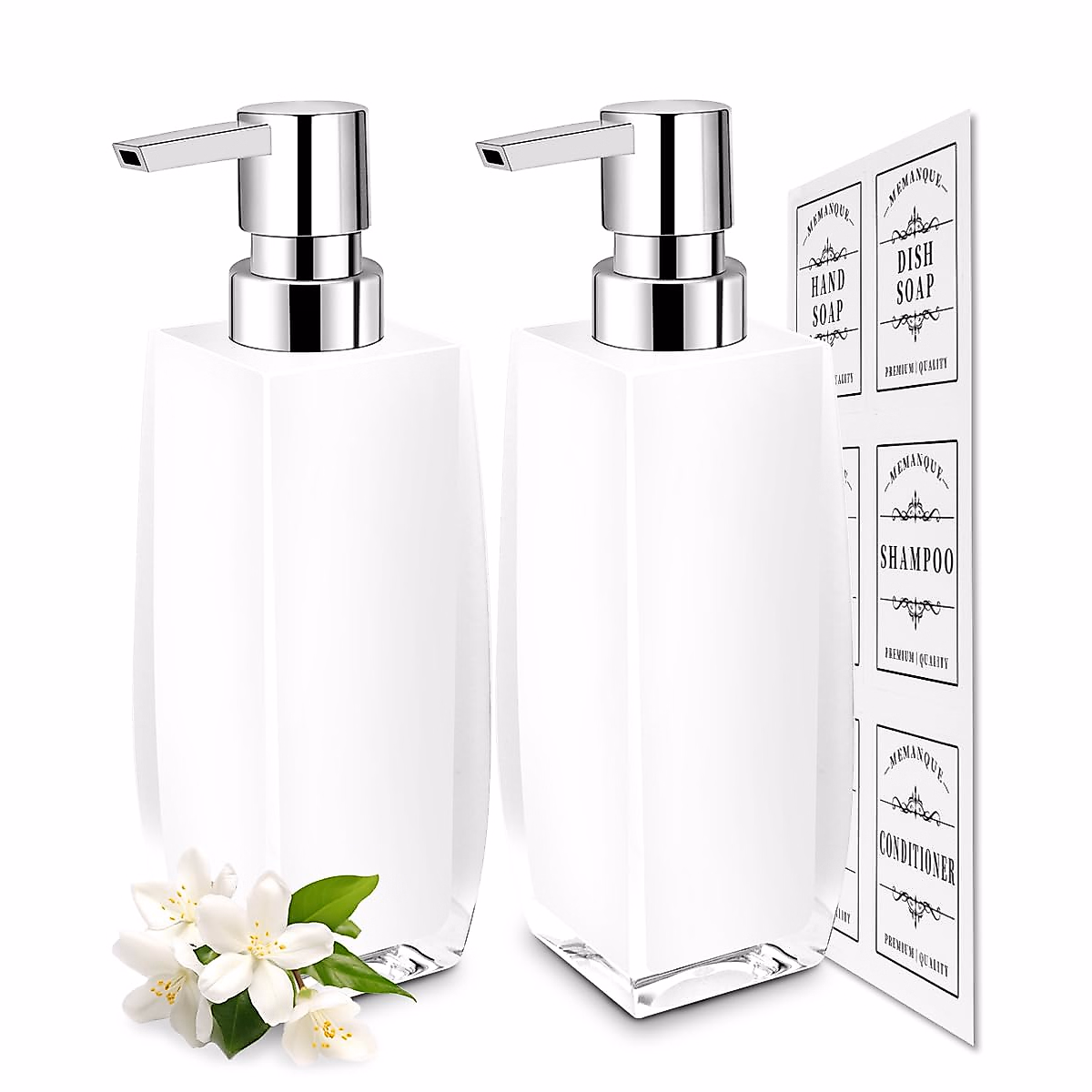 Memanque White Soap Dispenser Bathroom,2 Pack Kitchen Hand and Dish Soap Dispenser Set, Bathroom Soap and Lotion Dispenser,Refillable Liquid Soap Dispenser