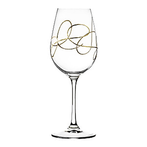 Barski Wine Glass, Goblet, Crystal Glass, Set of 2 Glasses, with Gold String Design, Made in Europe, 14 oz.