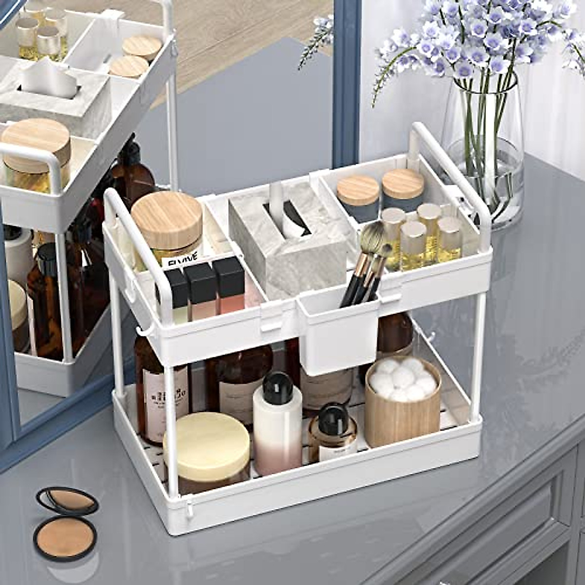 SOLEJAZZ Under Sink Organizers and Storage Multi-Purpose, 2 Tier Under Bathroom Cabinet Storage with Dividers, Hooks, Cup for Bathroom, Kitchen, White