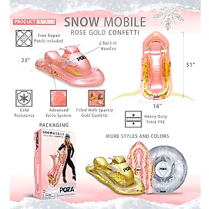 POZA Inflatable Rose Gold Snowmobile Sled - Luxurious Snow Sled with Handles filled with Gold Snowflake Confetti, Premium Cold Resistant PVC Heavy Duty Sled, Ski Sled for Adults and Kids - 51 Inches