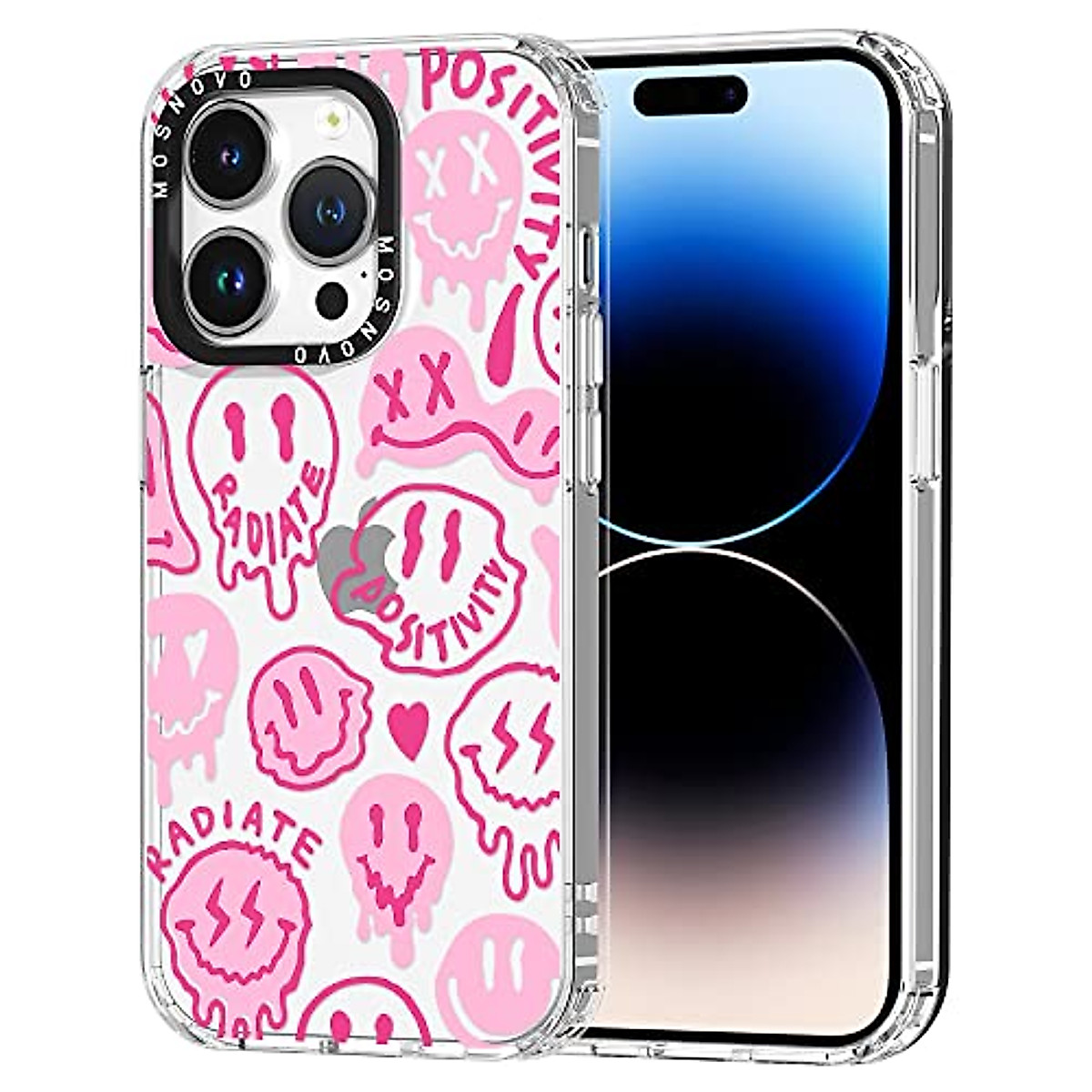 MOSNOVO Compatible with iPhone 14 Pro Case, [Buffertech 6.6 ft Drop Impact] [Anti Peel Off Tech] Clear TPU Bumper Phone Case Cover Pink Smiles Positivity Radiate Face Designed for iPhone 14 Pro 6.1"