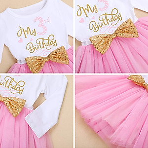 ODASDO Toddler Kids Girl My 3rd Third Birthday Cake Smash Outfit Cotton Long Sleeve Princess A-line Tutu Tulle Dress Bowknot Headband Set Three Years Old Party Clothes Photo Props Pink 3 Years