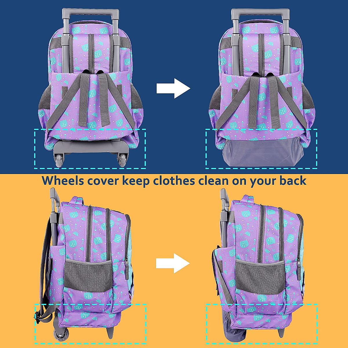 seastig Rolling Backpack for Kids Wheeled Backpack Double Handle Wheeled Backpack with Lunch Bag and Pencil Case Set