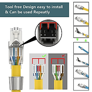 VCELINK RJ45 Cat6A Connectors Tool-Free Reusable Shielded Ethernet Termination Plugs for 23AWG SFTP UTP Cable, 10G Easy Internet Plug, Fast Field Installation 4 Pack