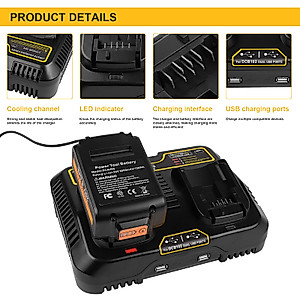 12V-20V Max Battery Charger for Dewalt, DCB102 Fast Dual Charger Station Lithium ion Battery Charger DCB203 DCB204 DCB205 DCB206 DCB201 DCB120 DCB127 (2 USB Ports)