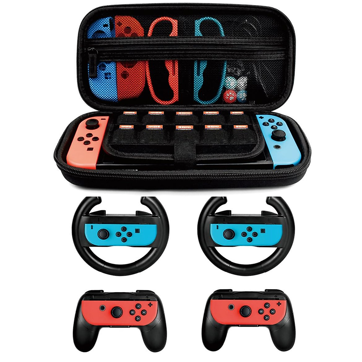Accessories Kit for Nintendo Switch Games Starter, 2x Steering Wheel, 2x Grip Kit, 1x Travel Carry Case(5 in 1 Black)